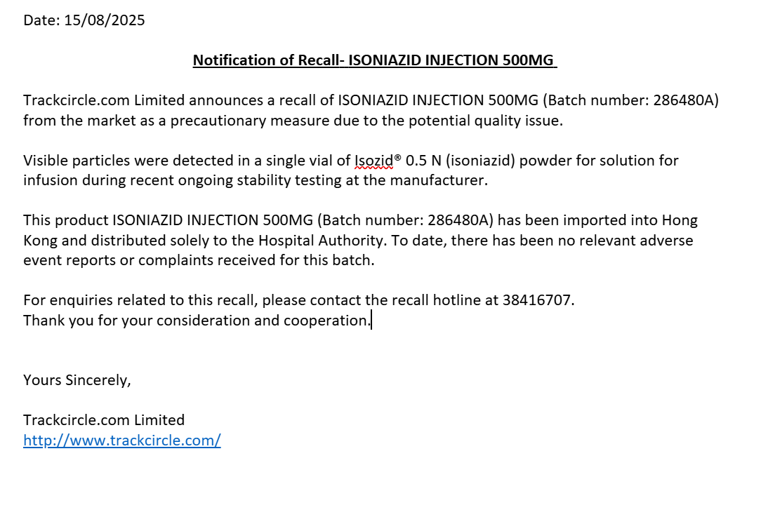 Notification about the Isozid Isoniazid Injection 500mg - Trackcircle